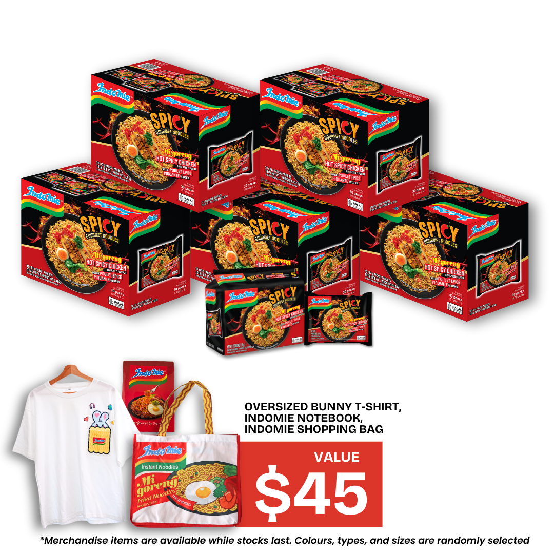 5 Boxes of Mi Goreng Hot Spicy Chicken (5 x 30 pk) + Oversized Bunny T ...